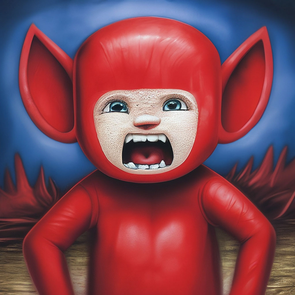 "Red angry crafty toothy teletubby" — image created in Shedevrum