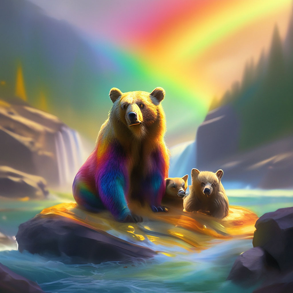 "A rainbow bear with cubs are sitting on a mountain next to a river of ...