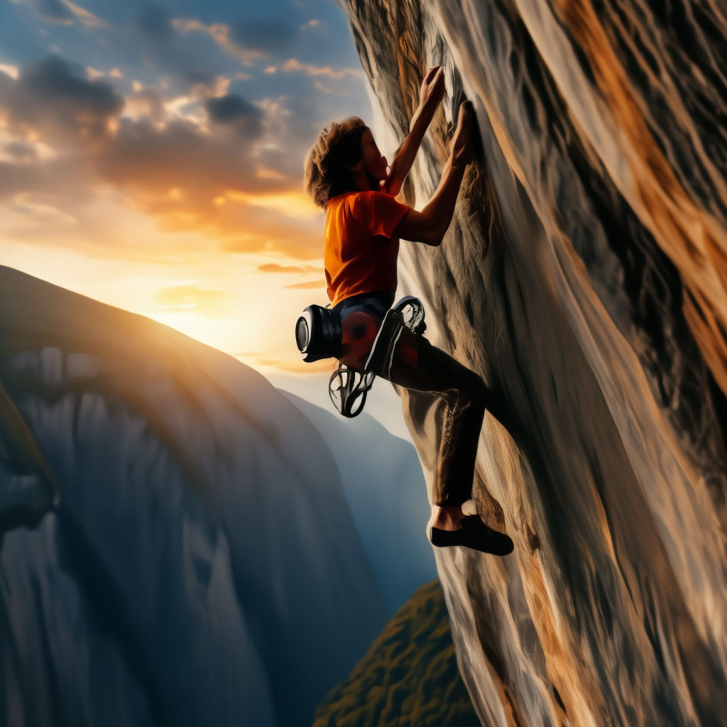 "Handsome, young man, climber, hanging on a rock, on his hands, over a ...