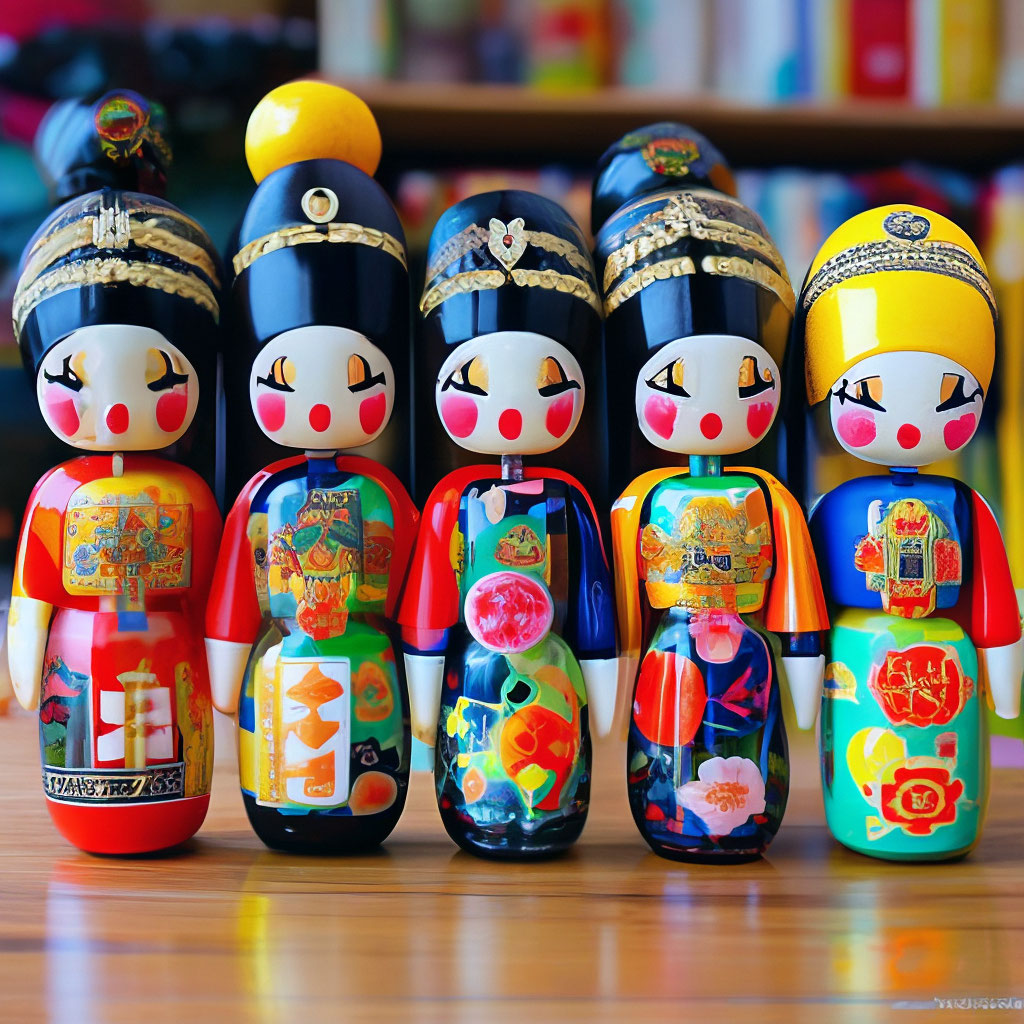 "Kokeshi dolls 6 pieces, Japan, bright, painted in traditional style ...
