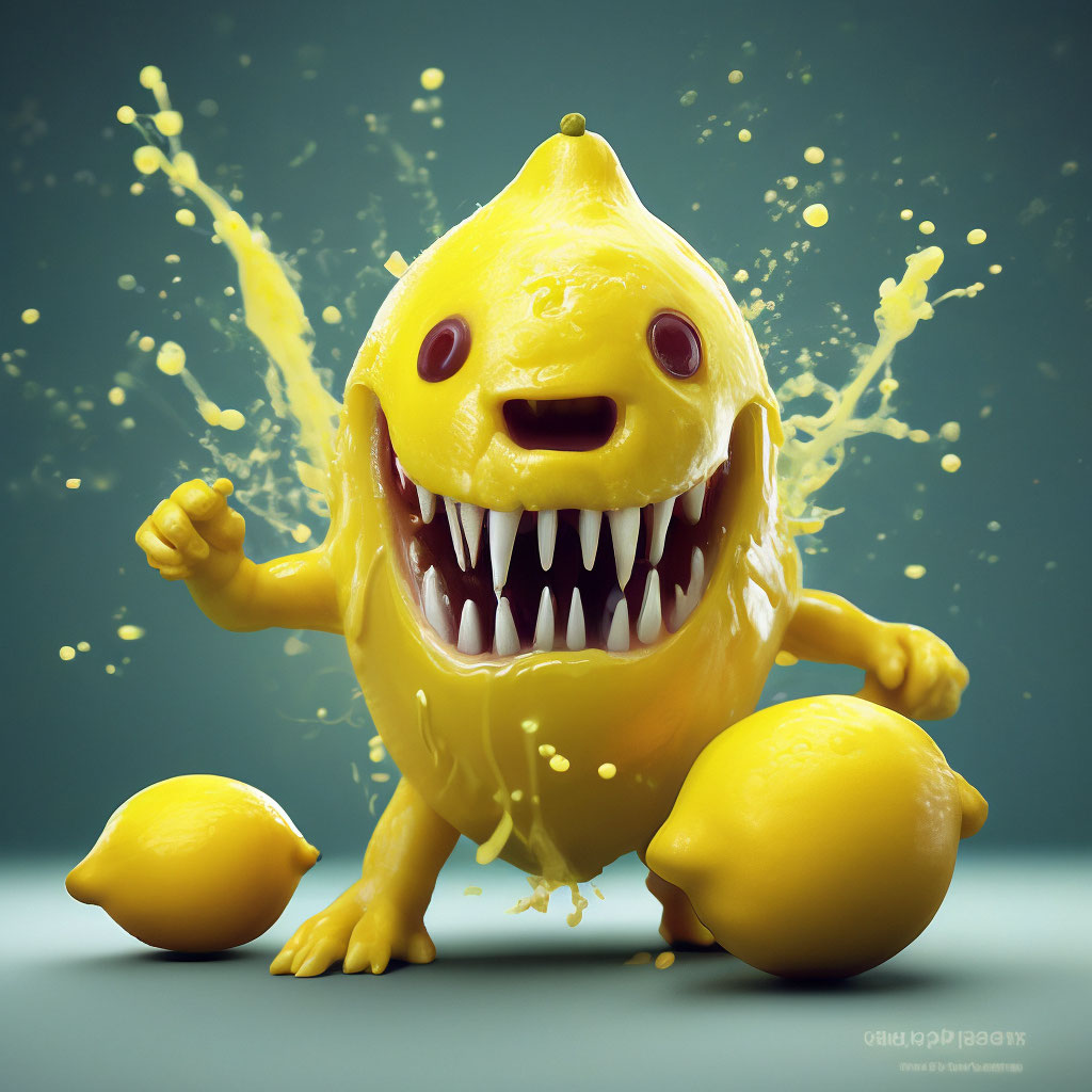 "Horror style, anthropomorphic lemon-toothed creature, lemon spray ...