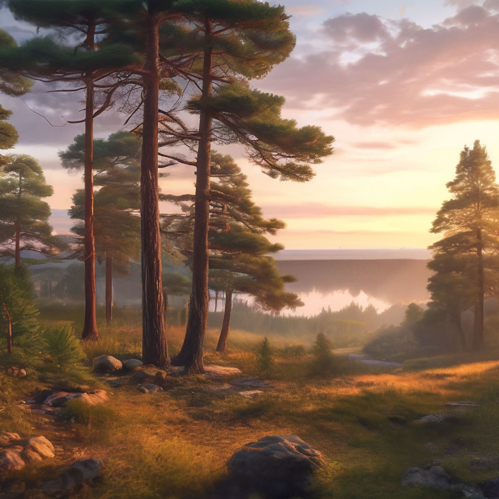 "Shishkin-style landscape sunny summer morning peach dawn century-old ...