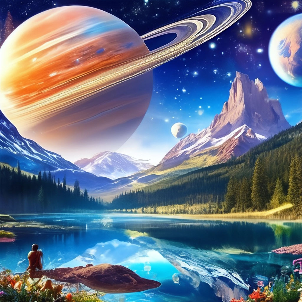 "Fantasy, fabulous cosmos, computer graphics, hyperrealism, planets, Saturn, Jupiter, Earth, sun ...
