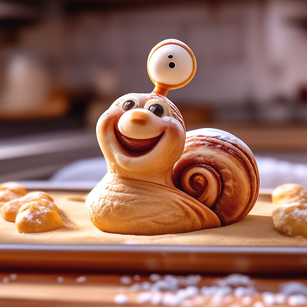 "A large super-cute snail from the dough is smiling, on a baking sheet ...
