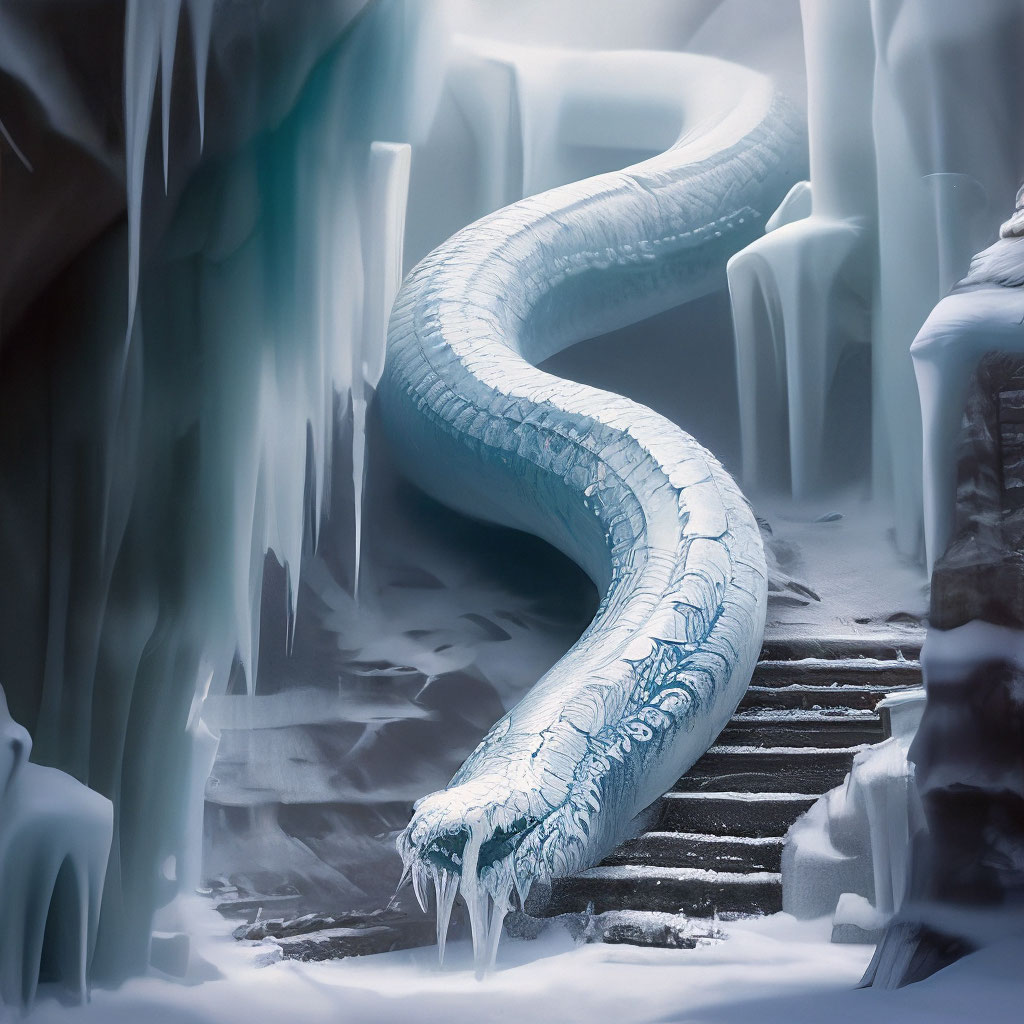"An ice snake flies over the stairs between the ice rocks" — image ...