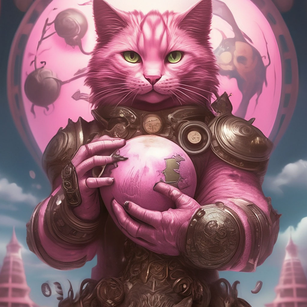 "A huge pink cat holds the planet on its paw" — image created in Shedevrum