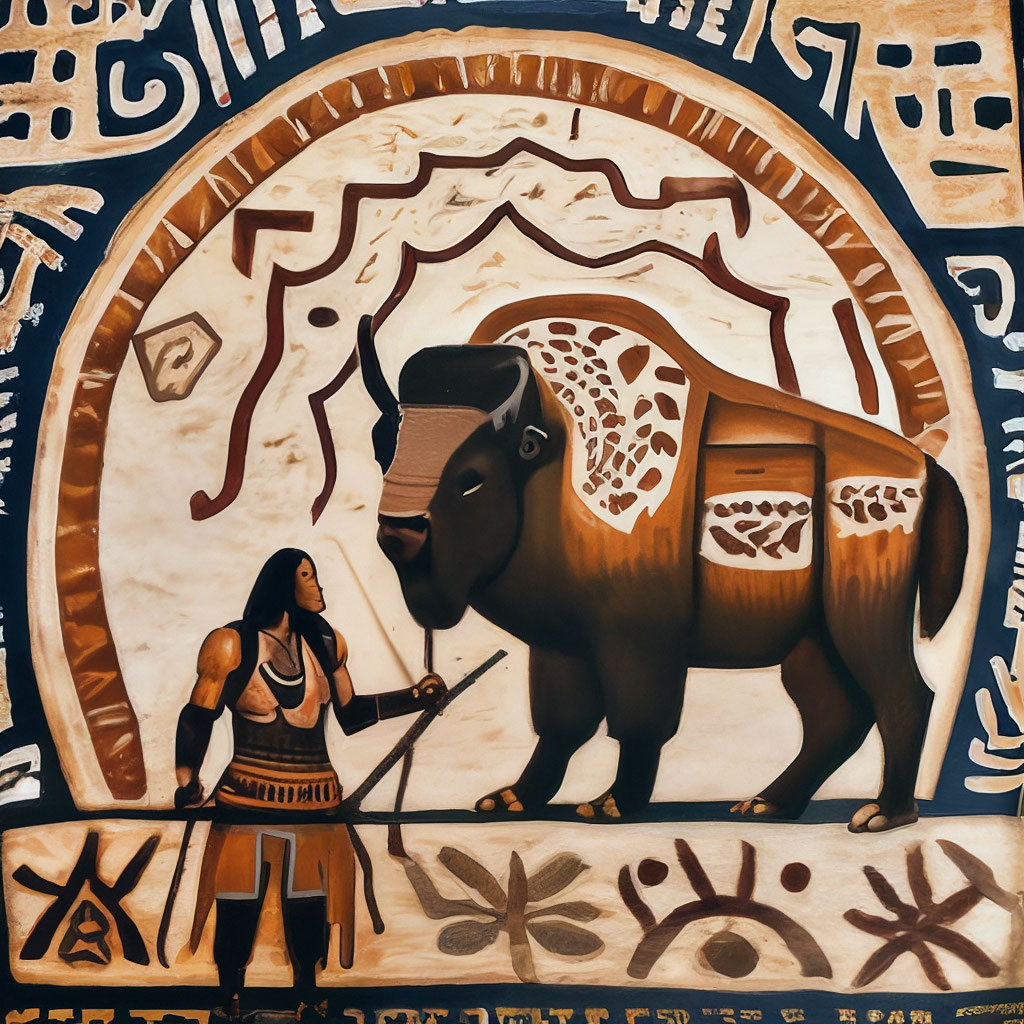 "Bison and primitive hunters, rock art" — image created in Shedevrum