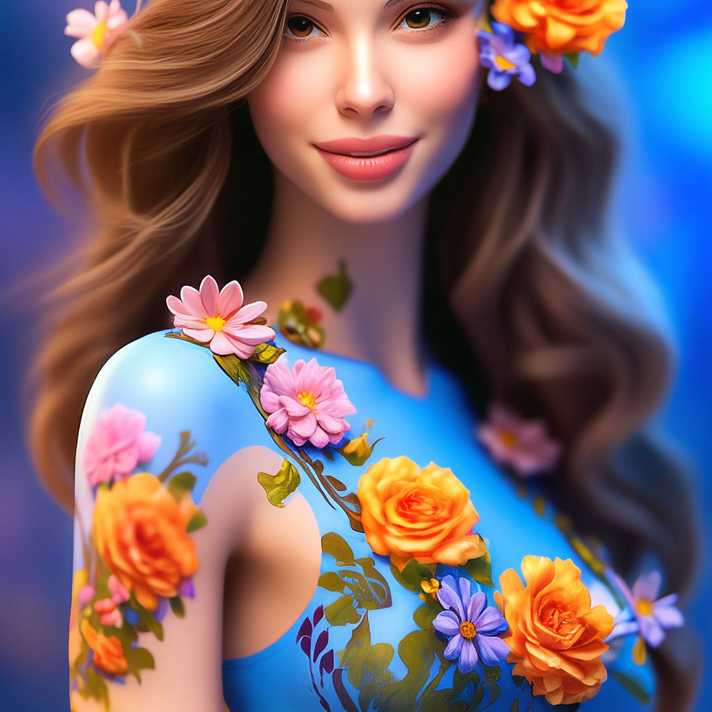 "Girerrealism, bright body art of small flowers on a thin female body ...