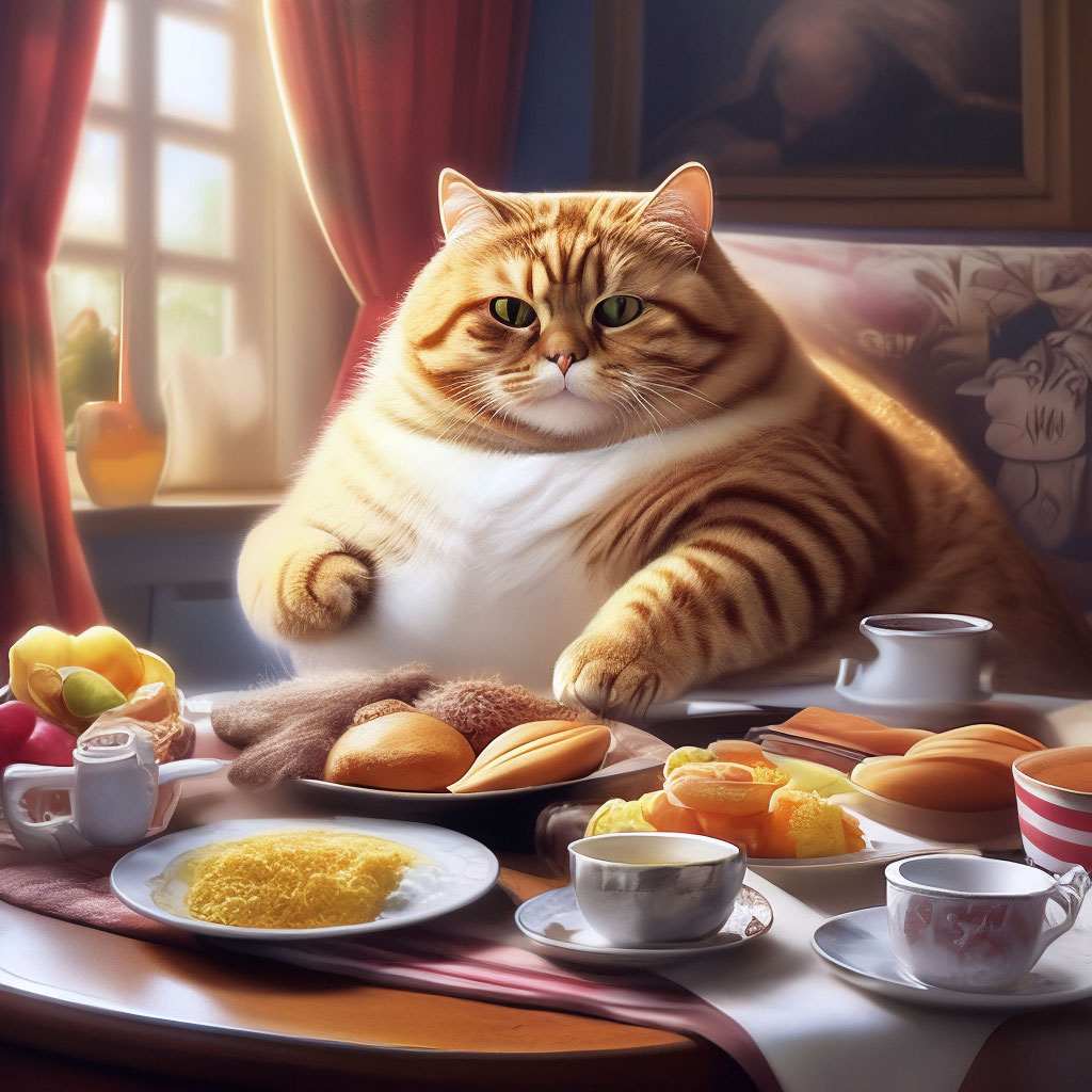 "The perfect breakfast with a giant fat cat, animalistic" — image ...