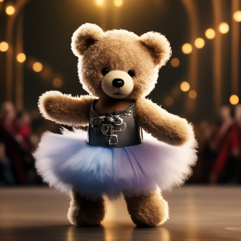 "Teddy bear is a dancer on stage in a tutu" — image created in Shedevrum