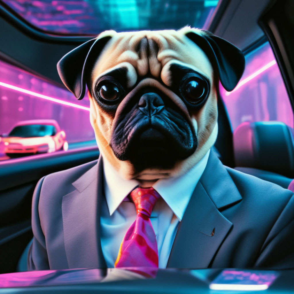"Business pug in the car" — image created in Shedevrum