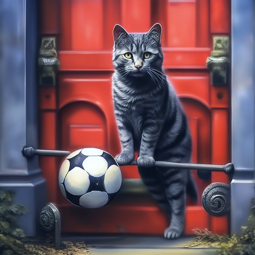 "Goalkeeper the cat stands on the gate football" — image created in ...