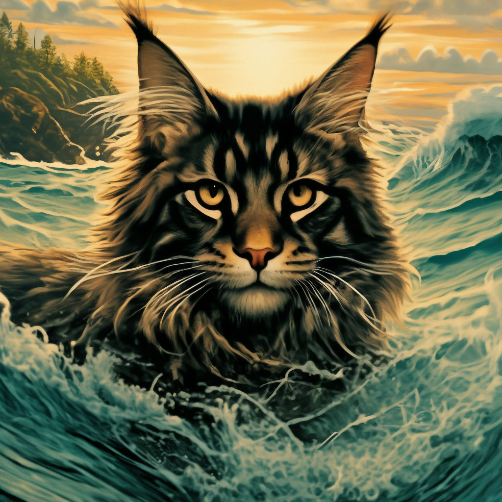 "Meikun the cat swims in the ocean" — image created in Shedevrum