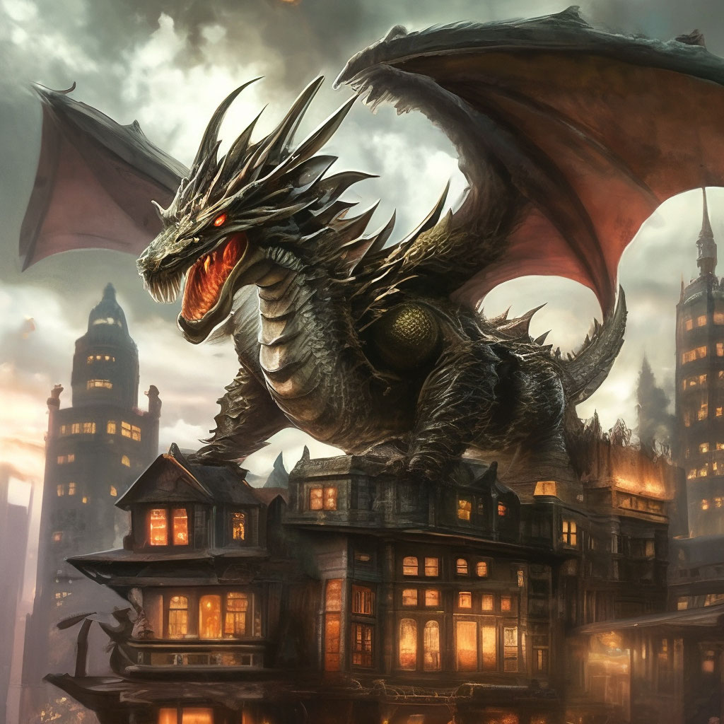 "A big scary dragon is cruising houses in the metropolis" — image ...