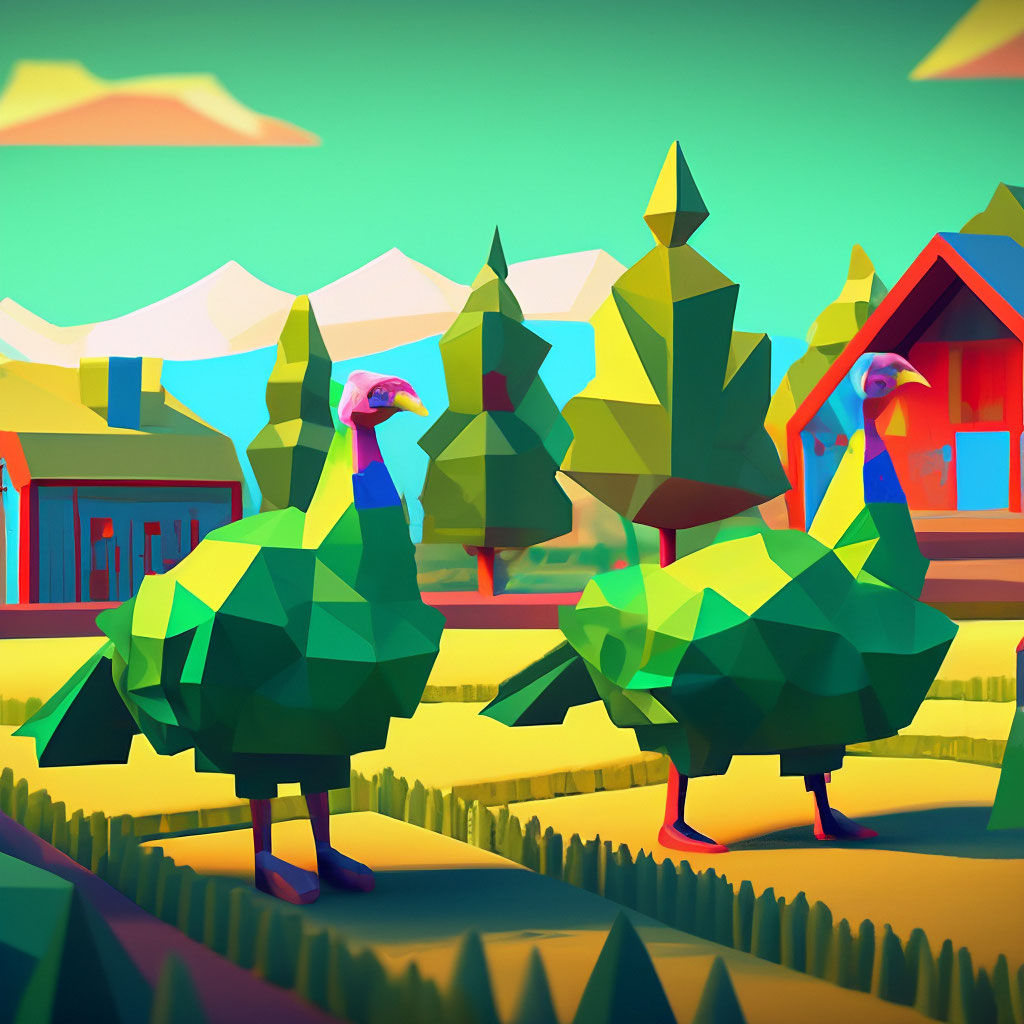 "Green turkeys, rural yard" — image created in Shedevrum