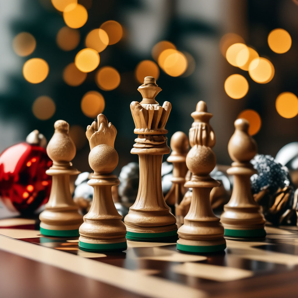 "Chess pieces in Christmas hats on a chessboard decorated with ...