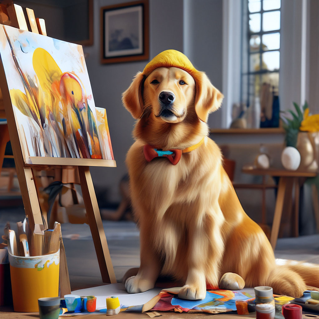 "Cute cute golden retriever dog in an artist's costume golden retriever ...