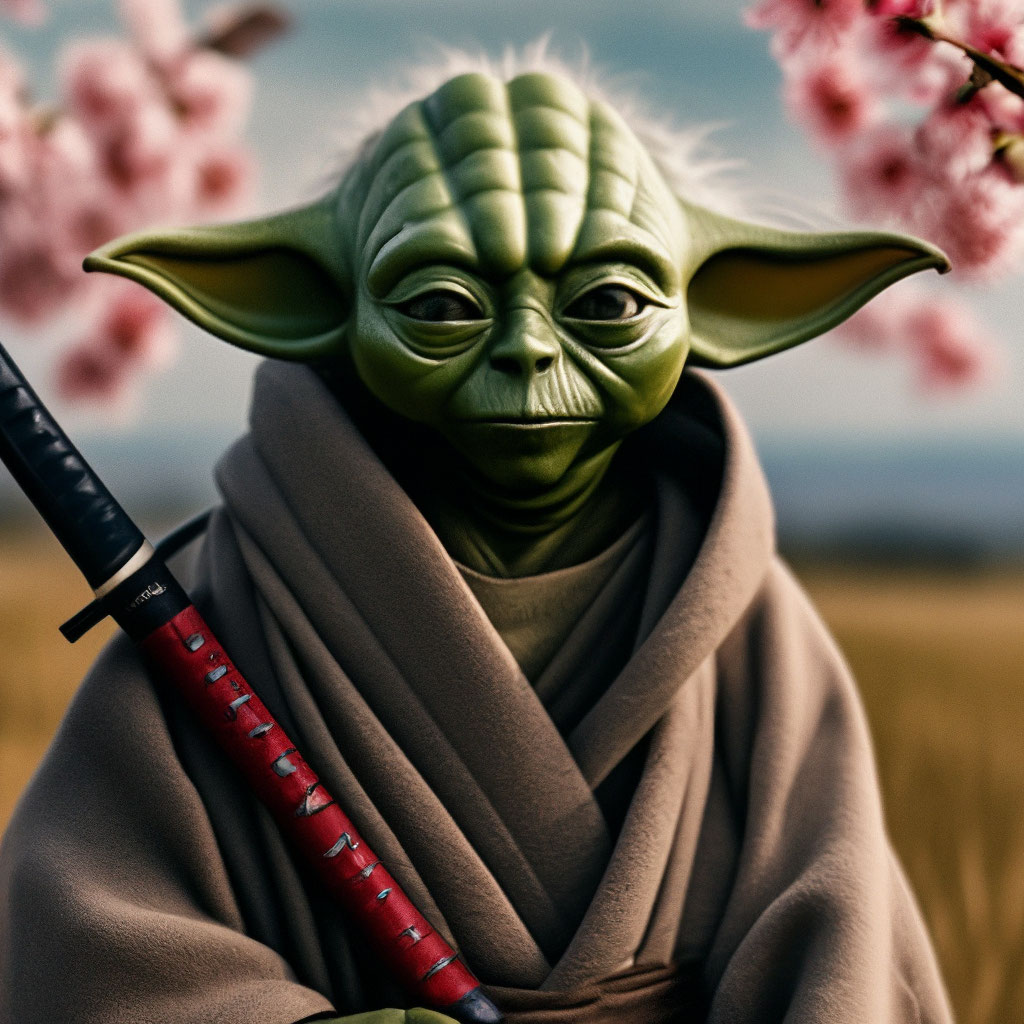 "Yoda in a kimono with a samurai sword on the background of sakura in a ...