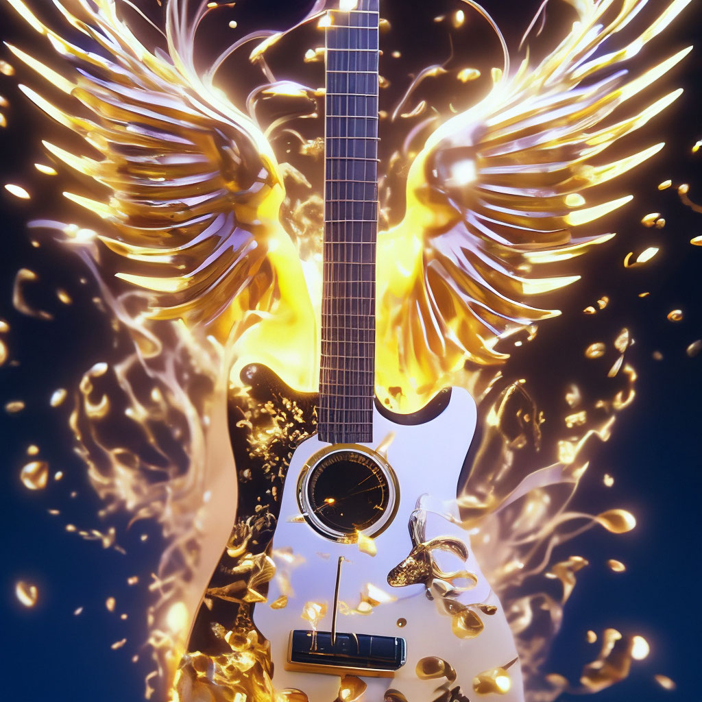 "Winged Sakura guitar with wings in lights and golden strings in cosmic ...