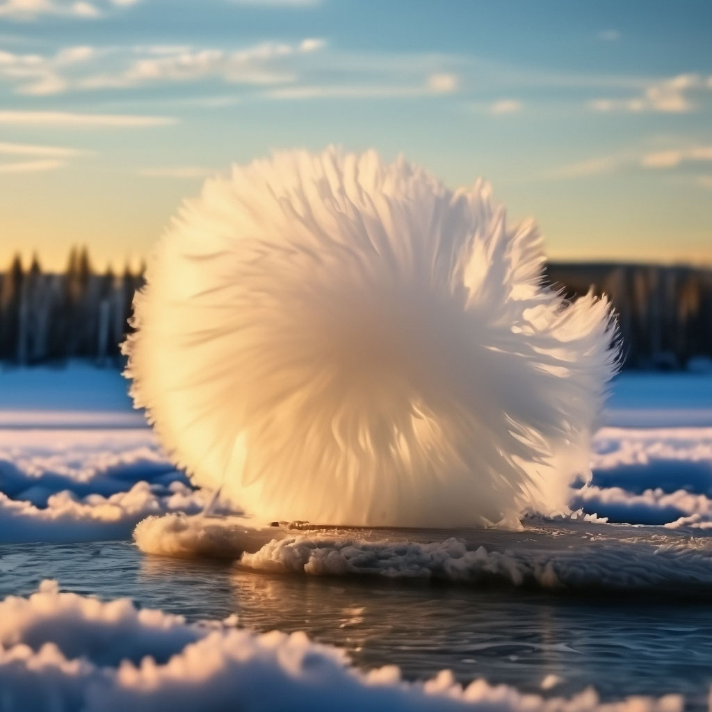 "Frozen boiling water in frosty air" — image created in Shedevrum