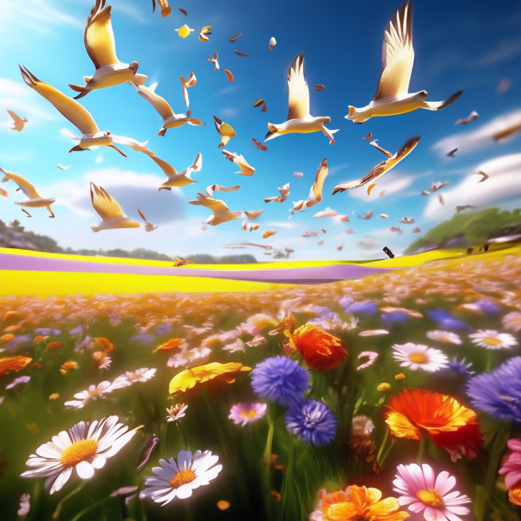"Flower field birds blowing wind surrealism 3d detailing" — image ...