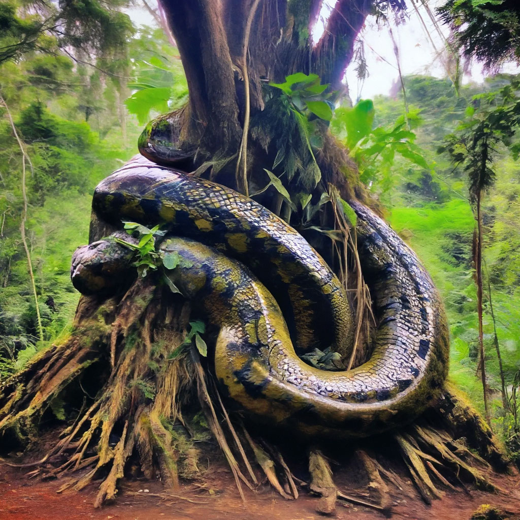 "A huge anaconda wrapped around a tree" — image created in Shedevrum