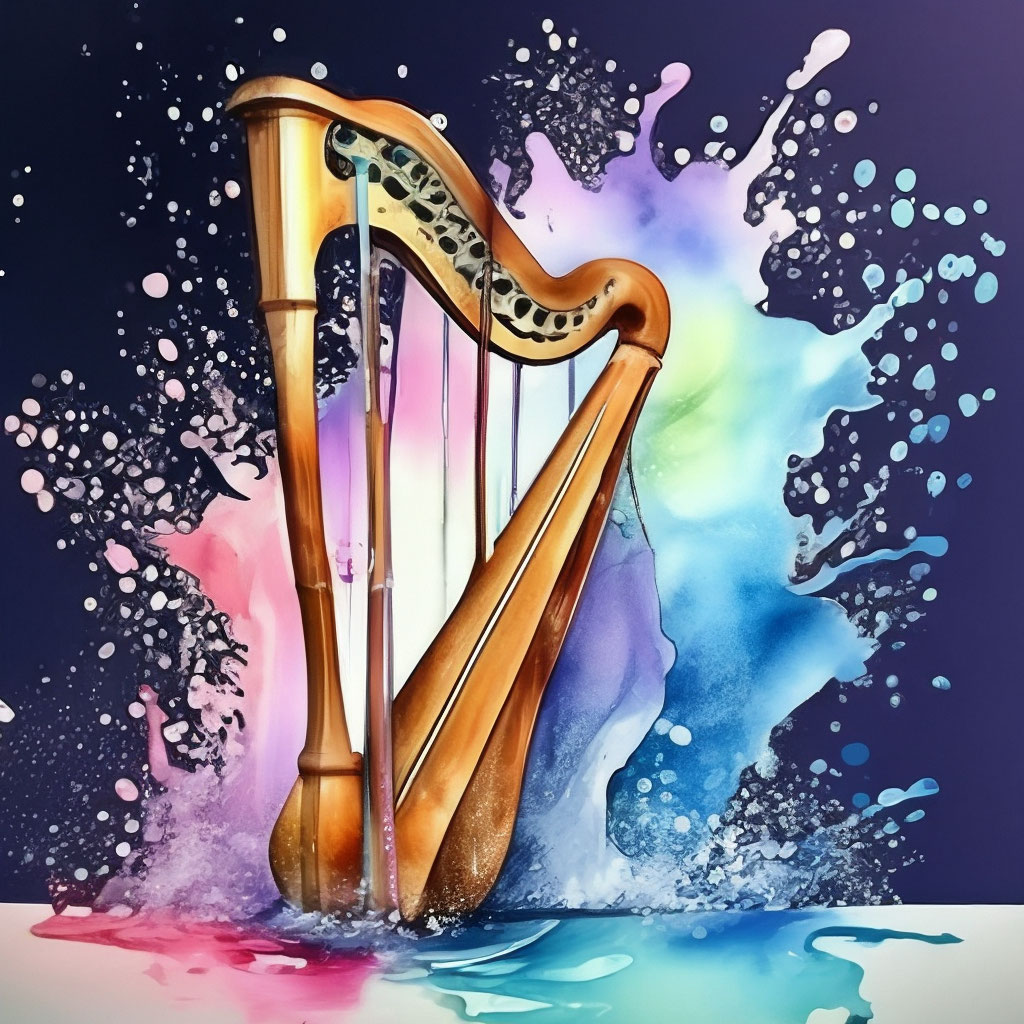 "Watercolor drawing, harp, water splashes, realistic, fabulous ...