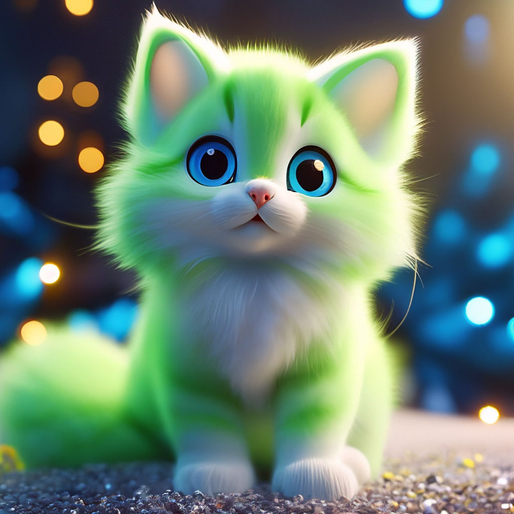 "Fluffy cute lime cat, big blue eyes, playing with tail ...