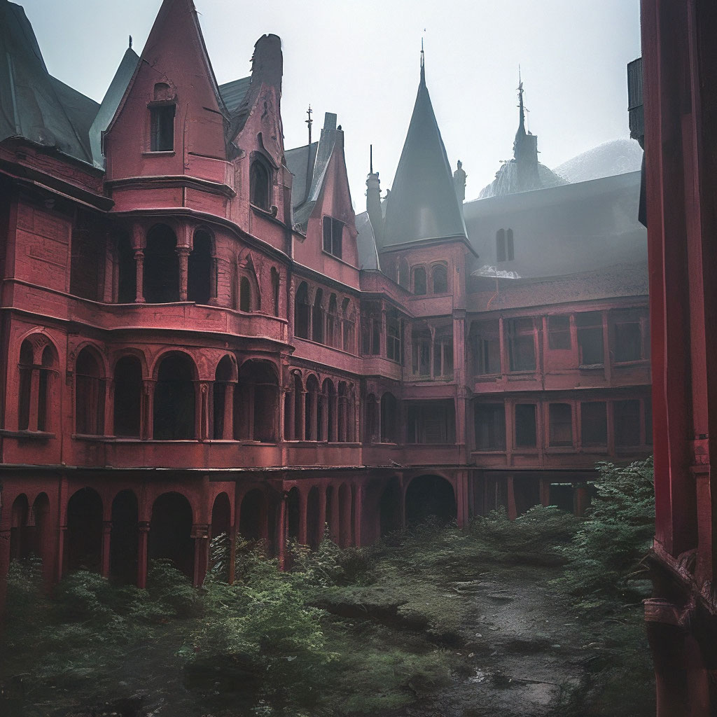 "Abandoned gothic red brick vampire city" — image created in Shedevrum