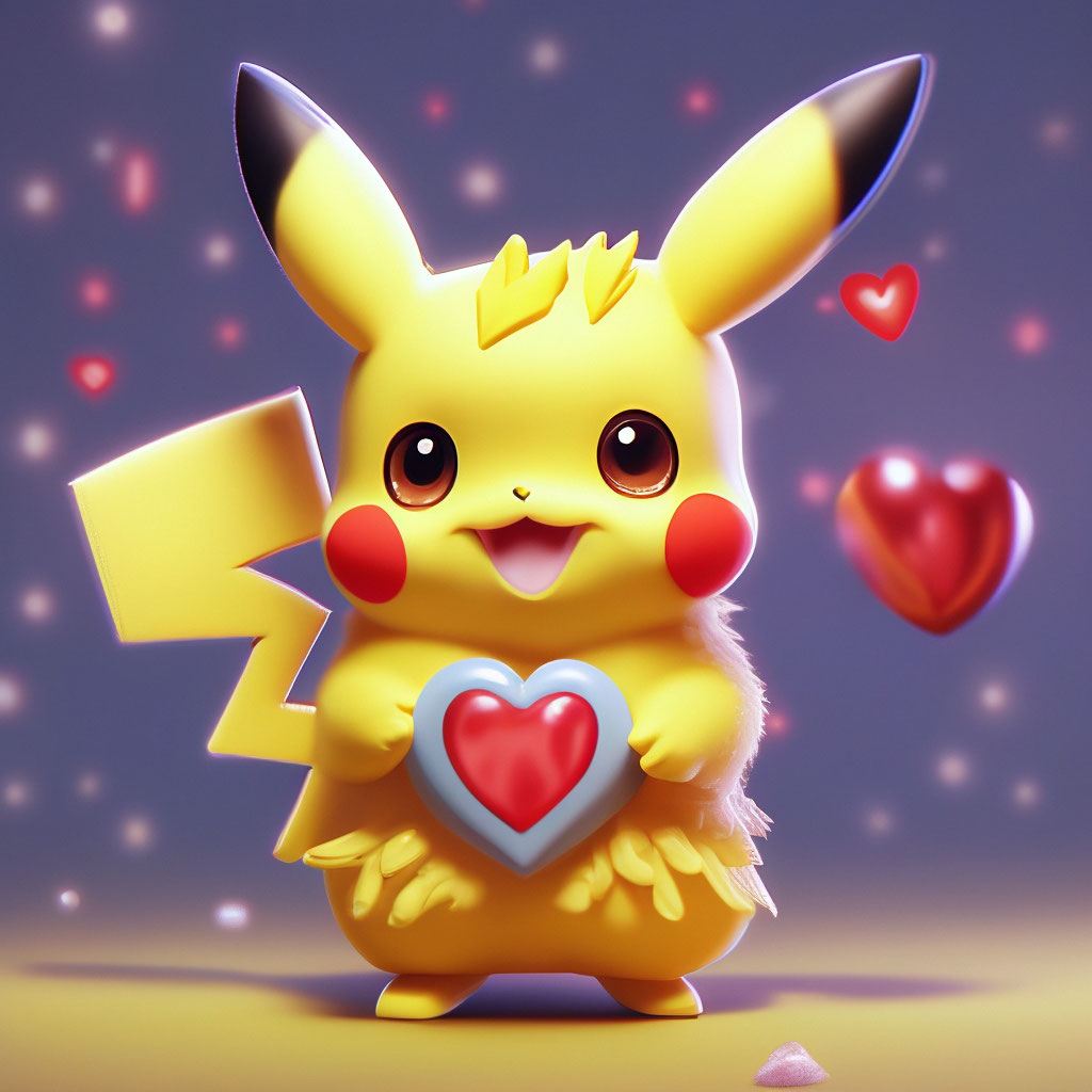 "Cute little pakemon Pikachu yellow fluffy holds a big heart in his ...
