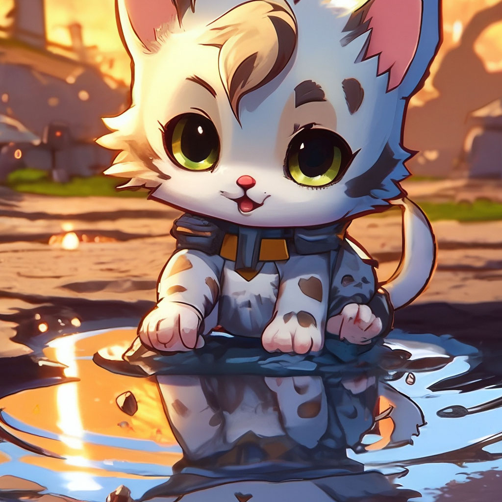 "A cartoon in the style of chibi chic, a little kitty lapping up water ...