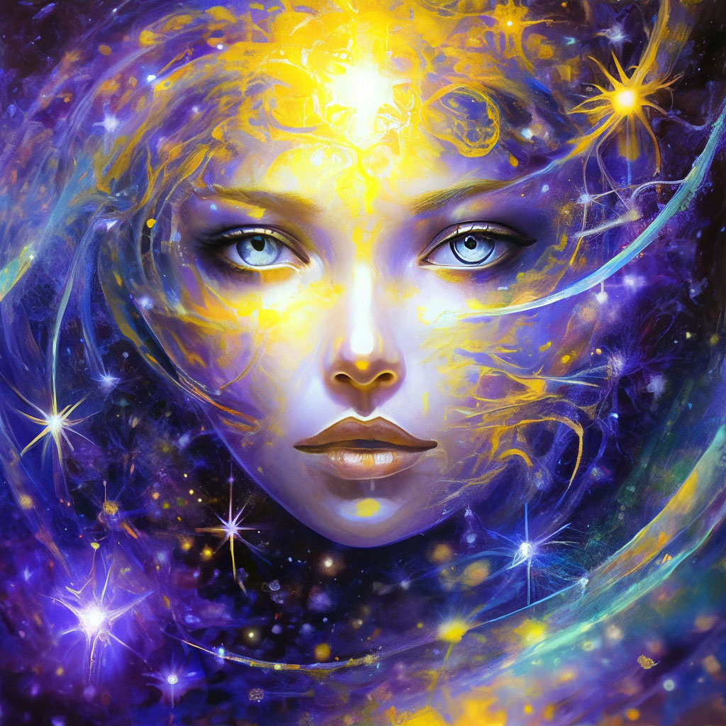 "Cosmic fractal drawing, purple, mint, yellow, dark art, hybrid ...
