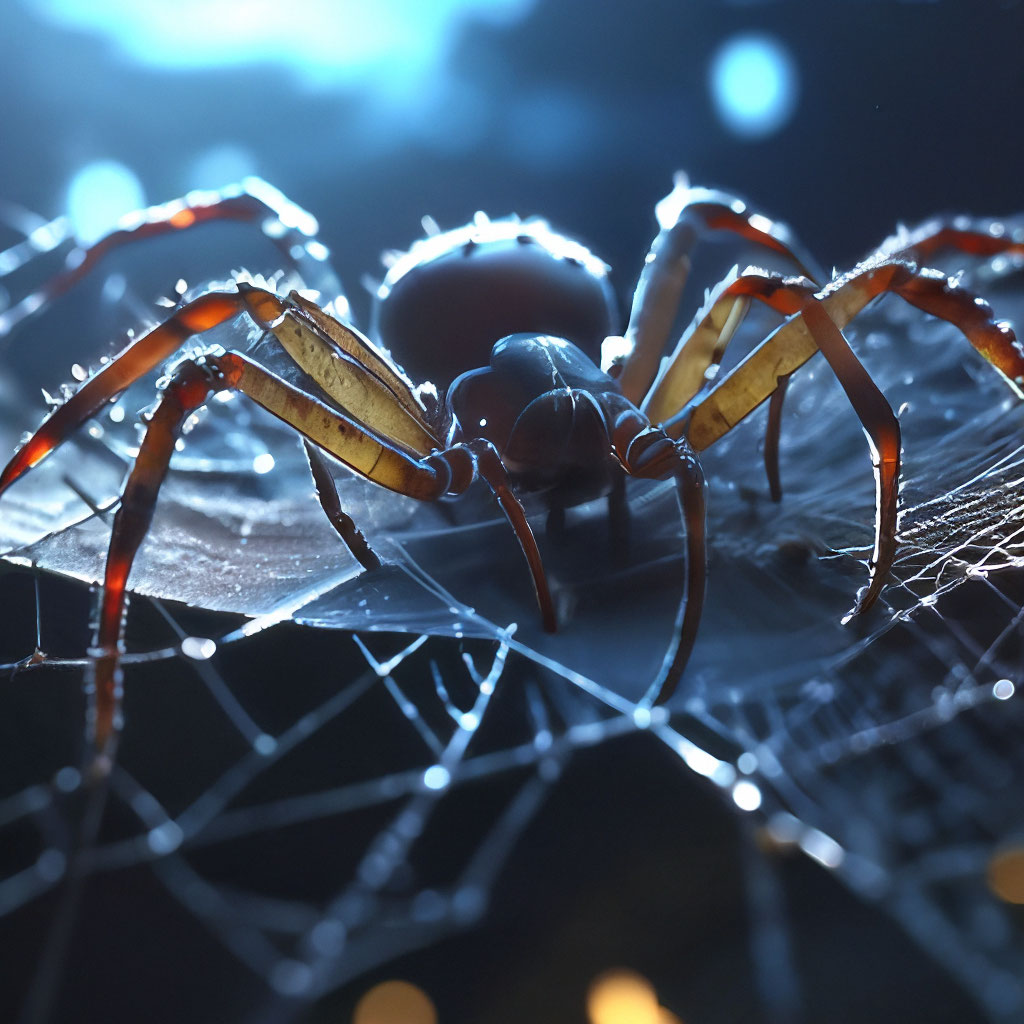 "Spider-cross, sitting on a web, dew, 4k, 3d, in the dark" — image ...