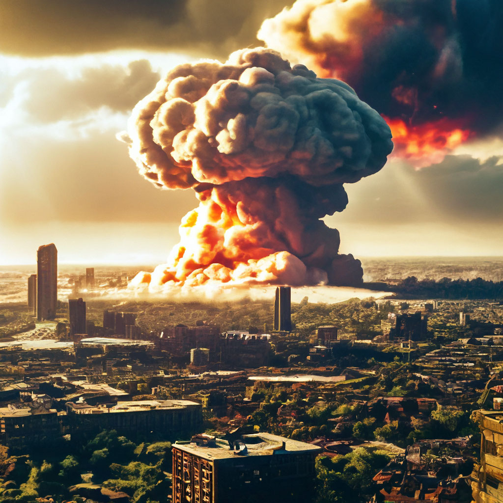 "Nowadays Gotham nuclear explosion aftermath cityscape, side view ...