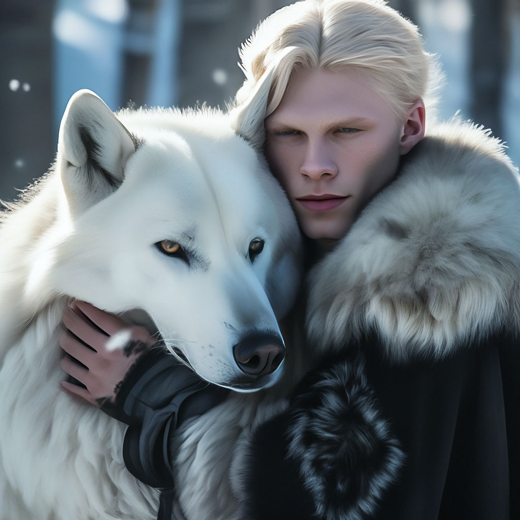 "Albino guy, in winter, embracing a black wolf, loving look, sand ...