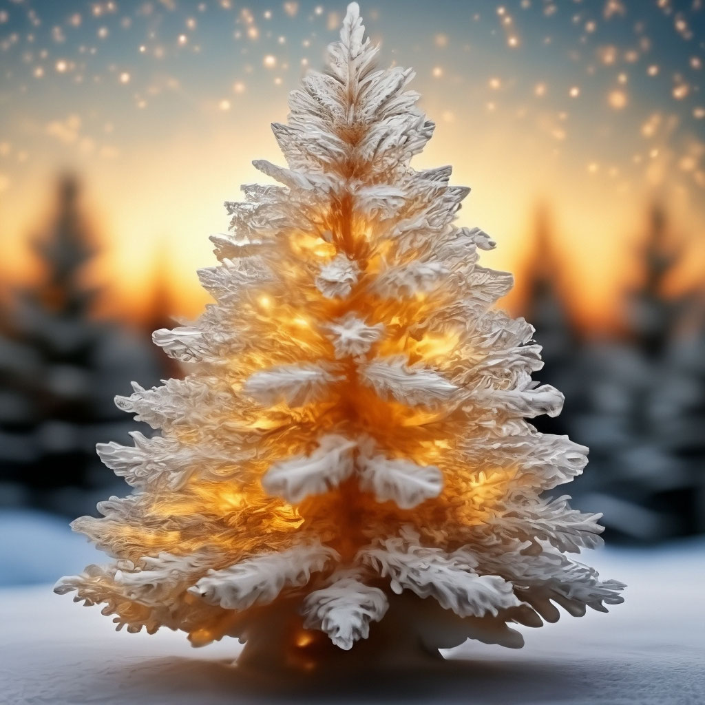 "Christmas tree, filigree transparent frosty, covered with ice golden ...