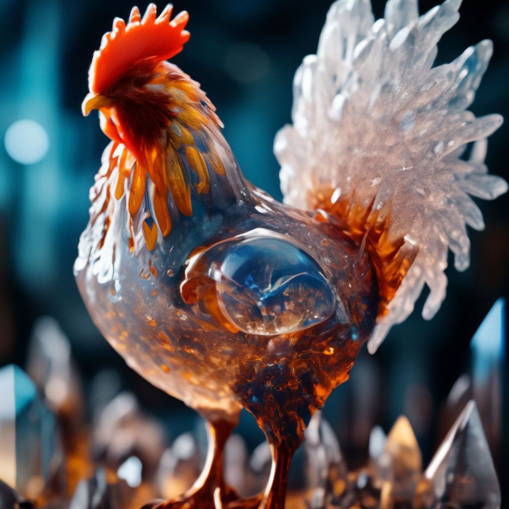 "An epic crystal chicken with space glowing inside, planets, satellites ...