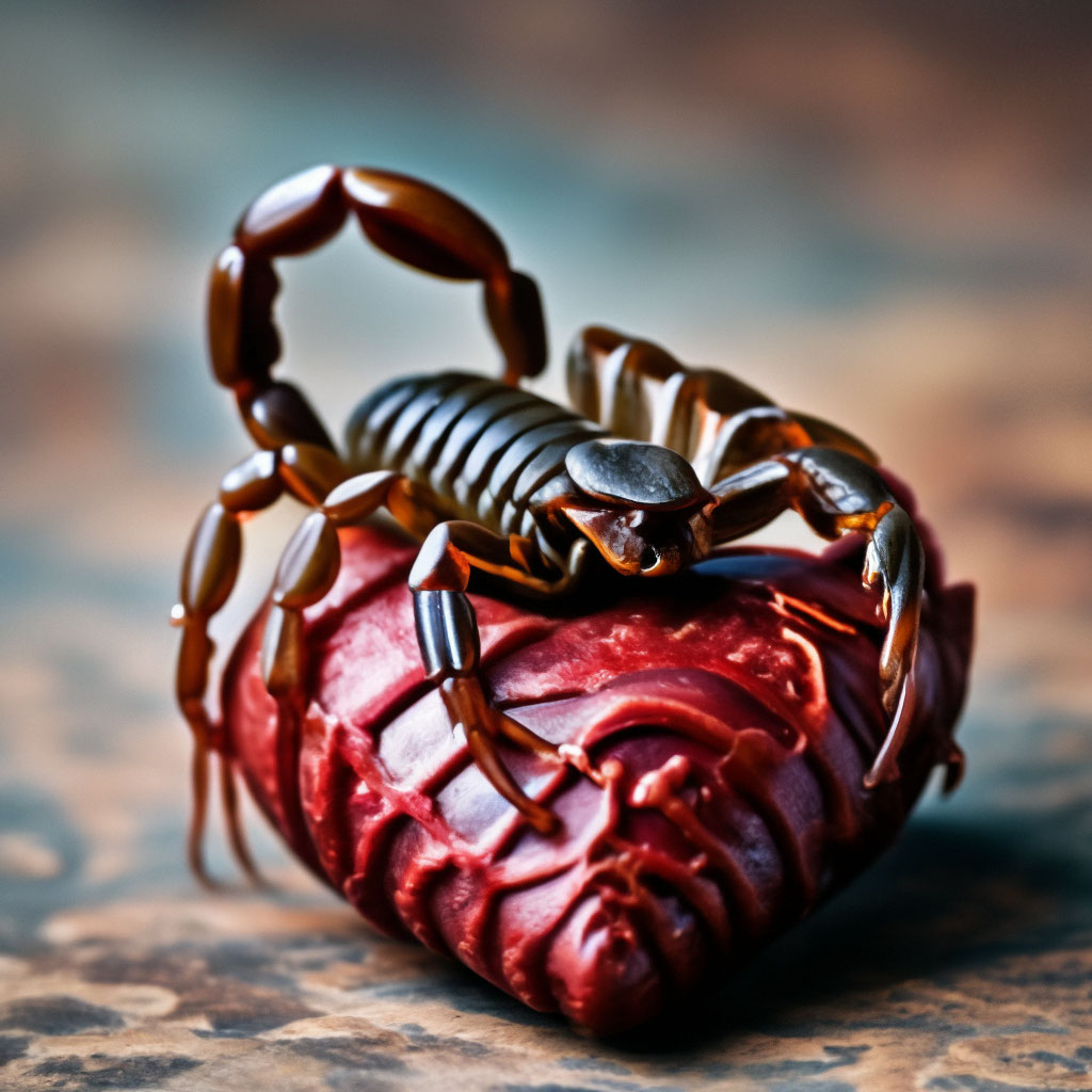 "A milk-colored scorpion sits on a heart of a bard color" — image ...