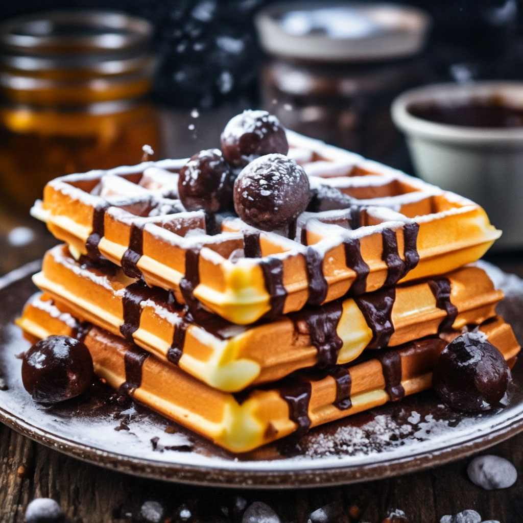 "Viennese waffles with chocolate sprinkled with powdered sugar , 1/250s ...