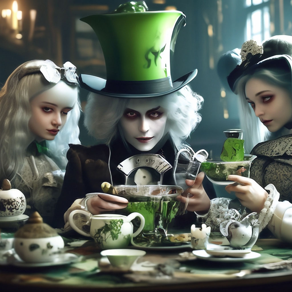 "Digital highly artistic, madness tea, anime hyperrealism nightmarish ...