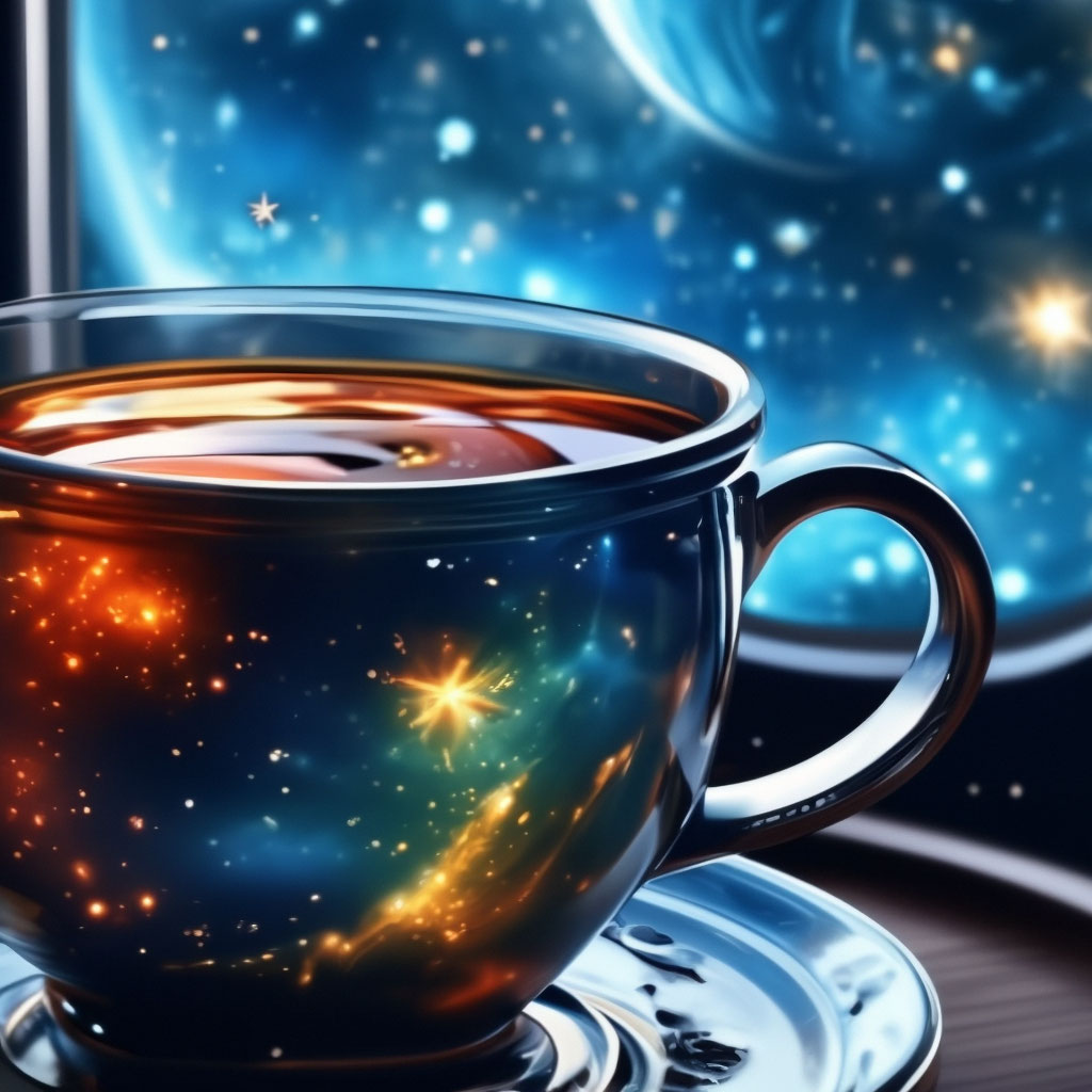 "Morning in Space In a beautiful transparent cup, blue cosmic tea with ...