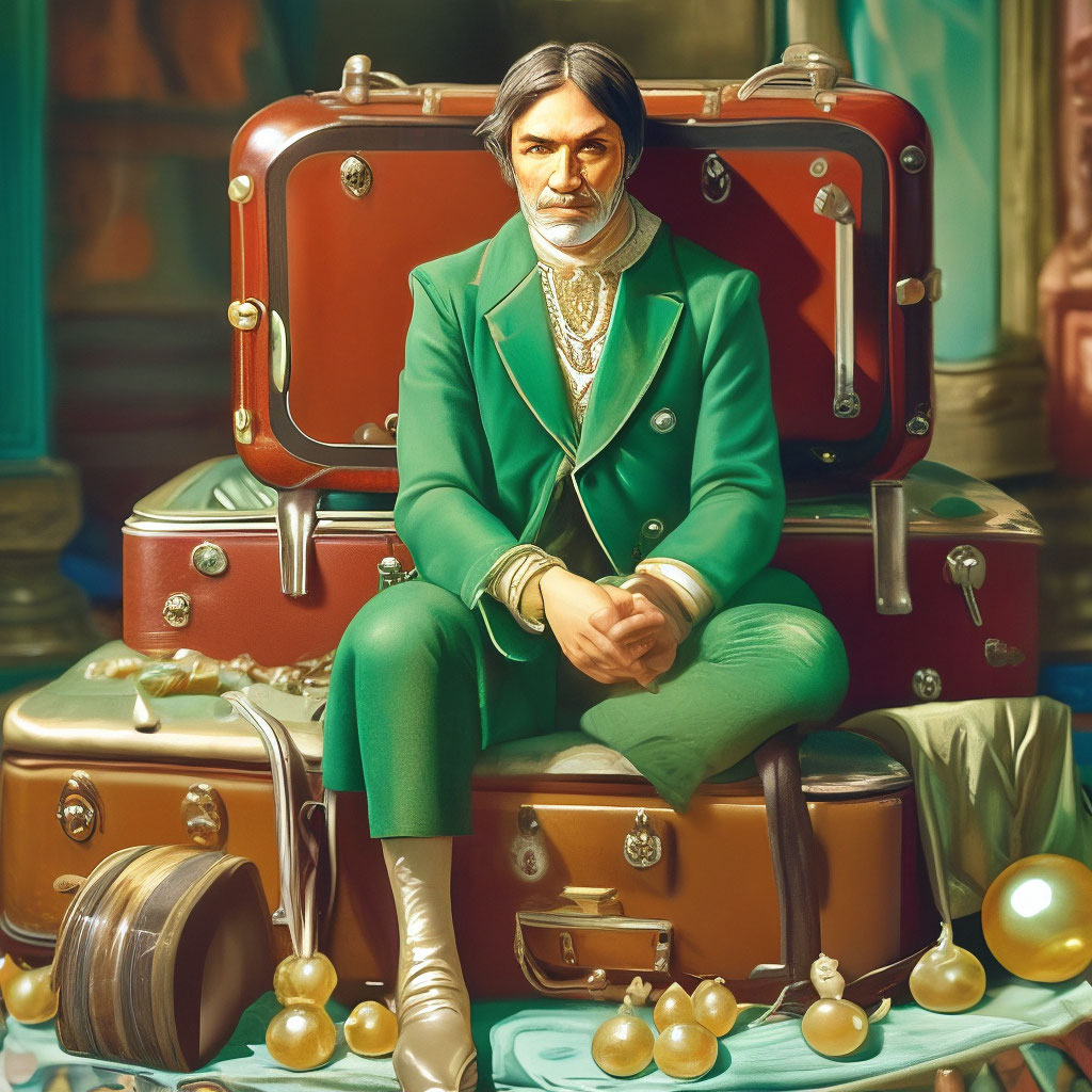 "An open old suitcase : Kashchey sits on a pile of pearls and emeralds ...