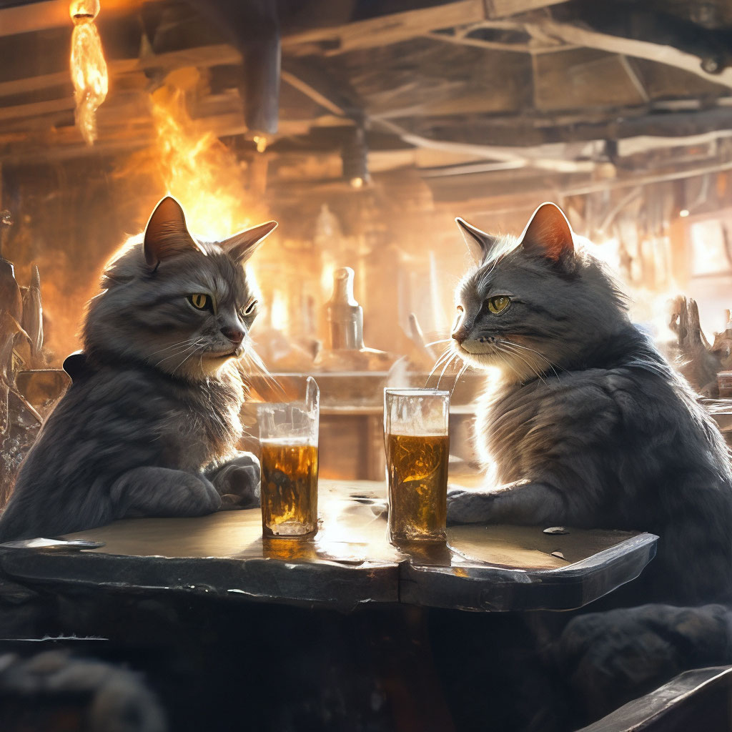 "Two cats are sitting in a bar and drinking beer" — image created in ...