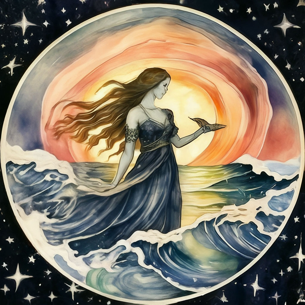 "Goddess Aphrodite emerges from the foam of the sea sunset gloomy ...