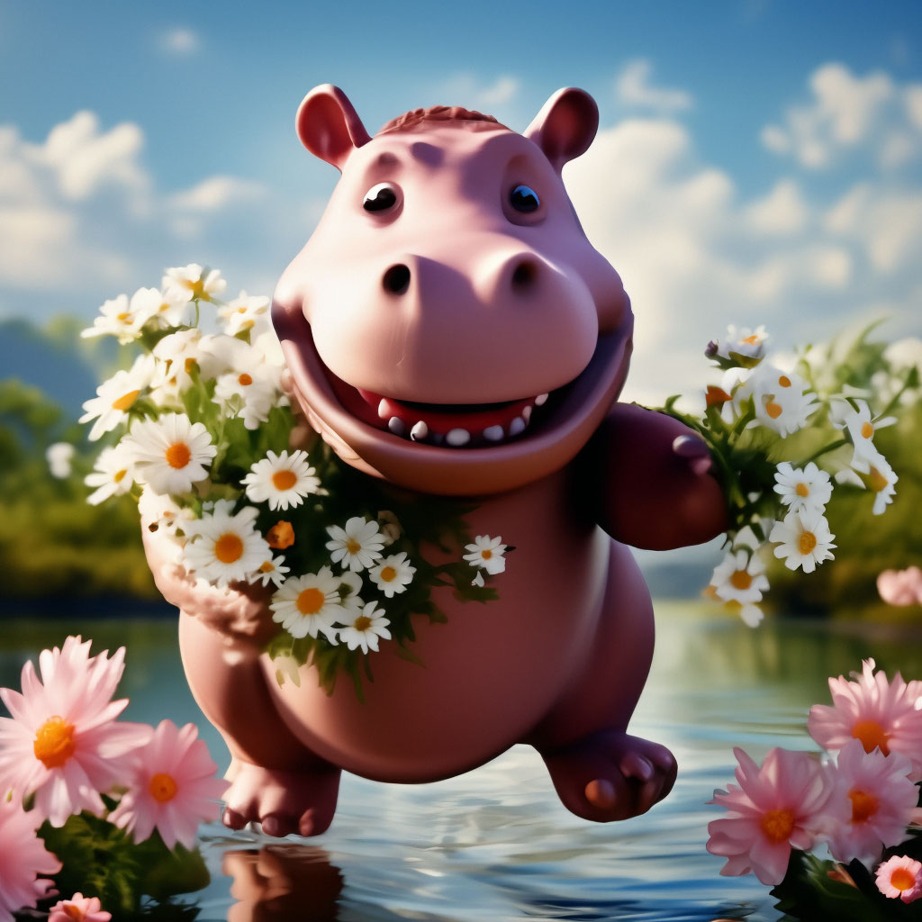 "Cute pink hippo with an armful of white daisies, jumping merrily ...