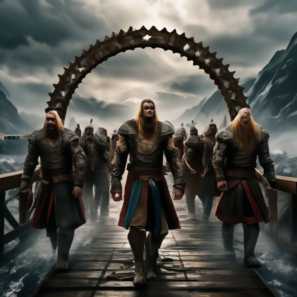 "Wheel of Might Vikings walk across the bridge to Valhalla" — image ...
