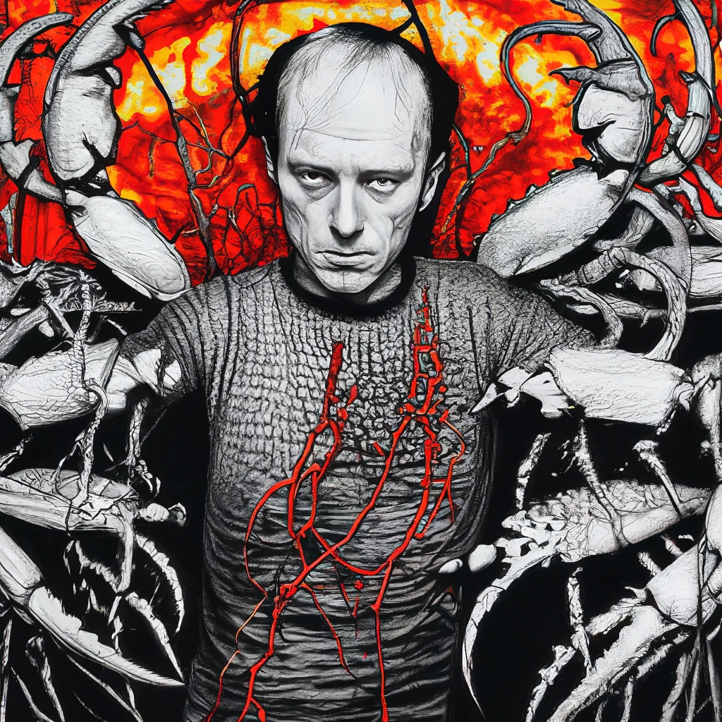 "In the style of Van Gogh, a lobster man with six legs, a guy, horror ...
