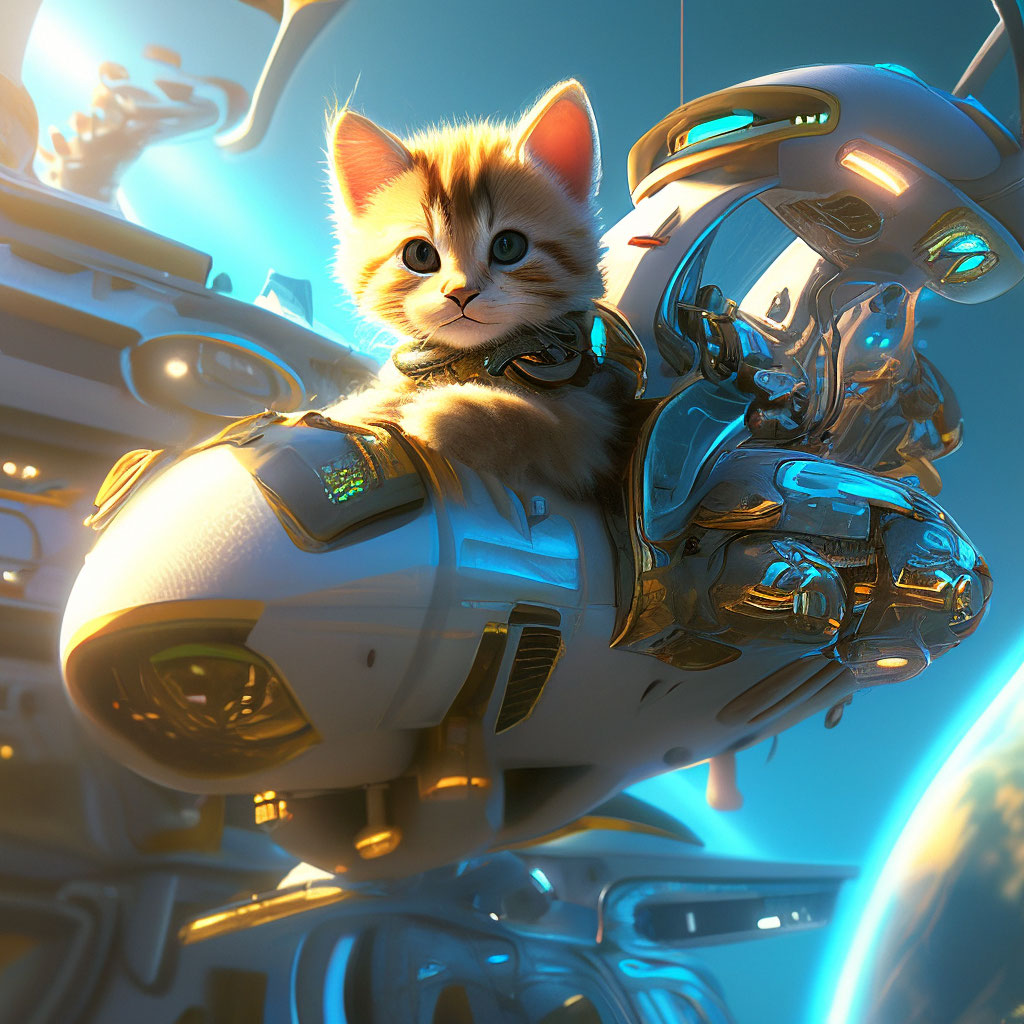 "Kitten on a flying ship bright lighting" — image created in Shedevrum