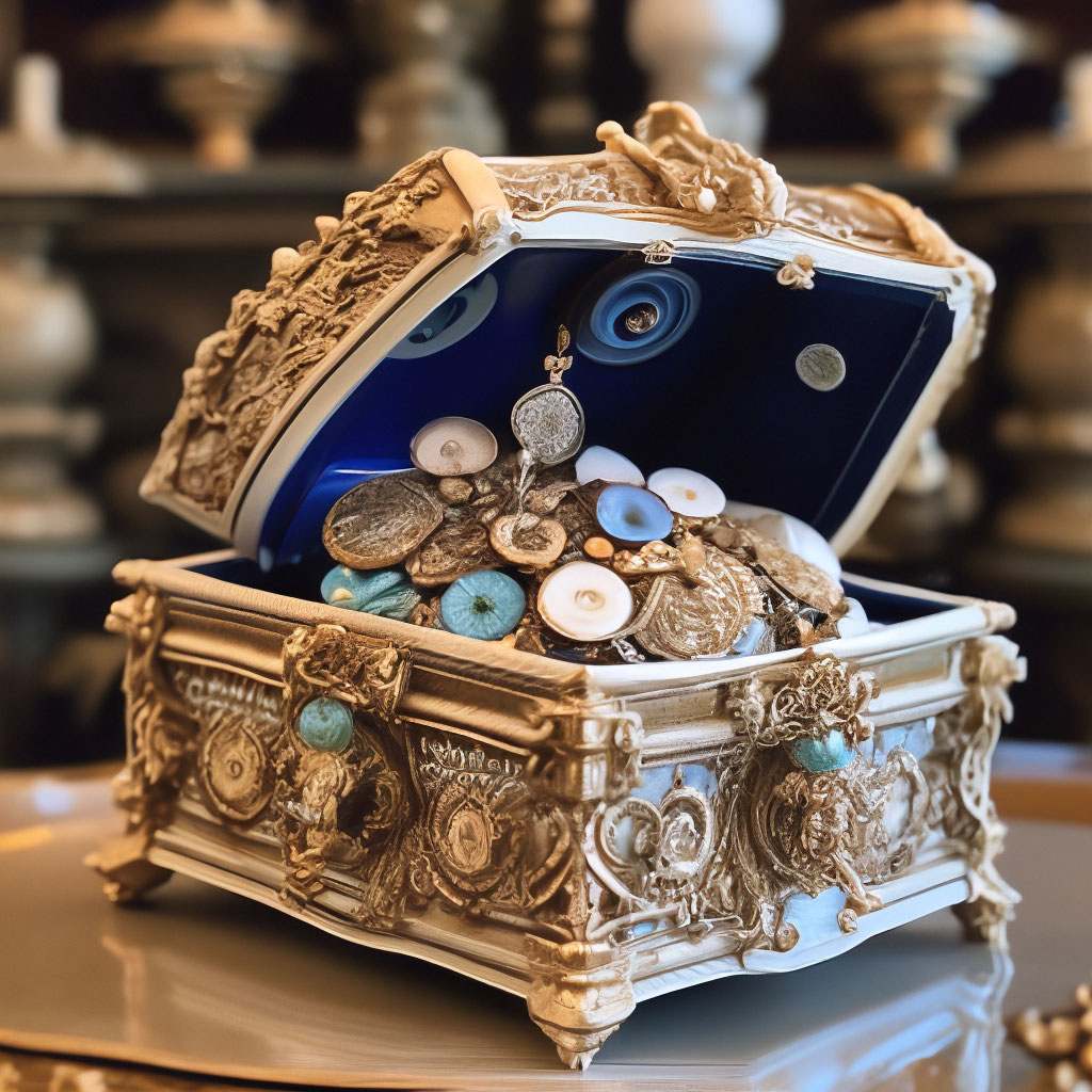 "A baroque casket with buttons and spools of thread explodes with ...