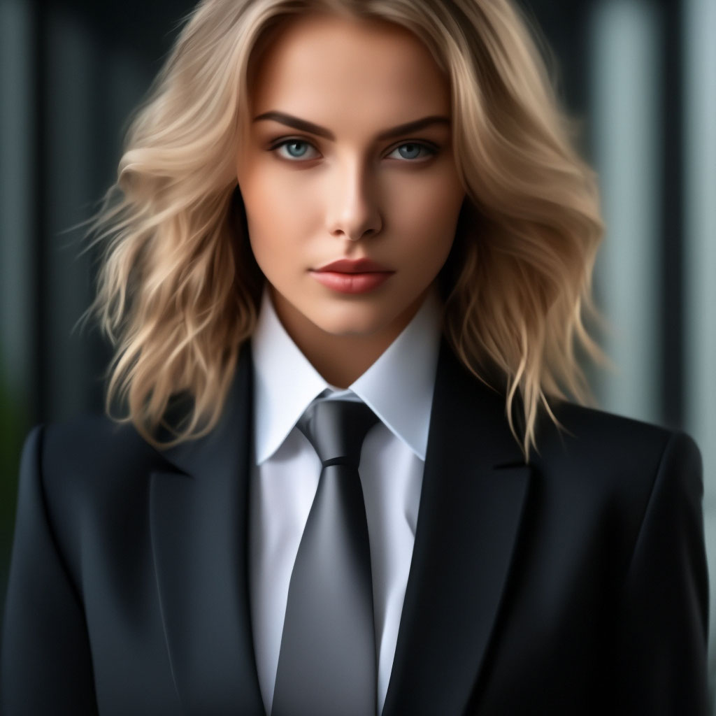 "A beautiful Slavic girl with refined facial features in a business ...